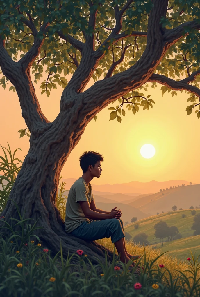 Sunset, a poor farmer myanmar boy is setting at Acacia Soma tree and he ...