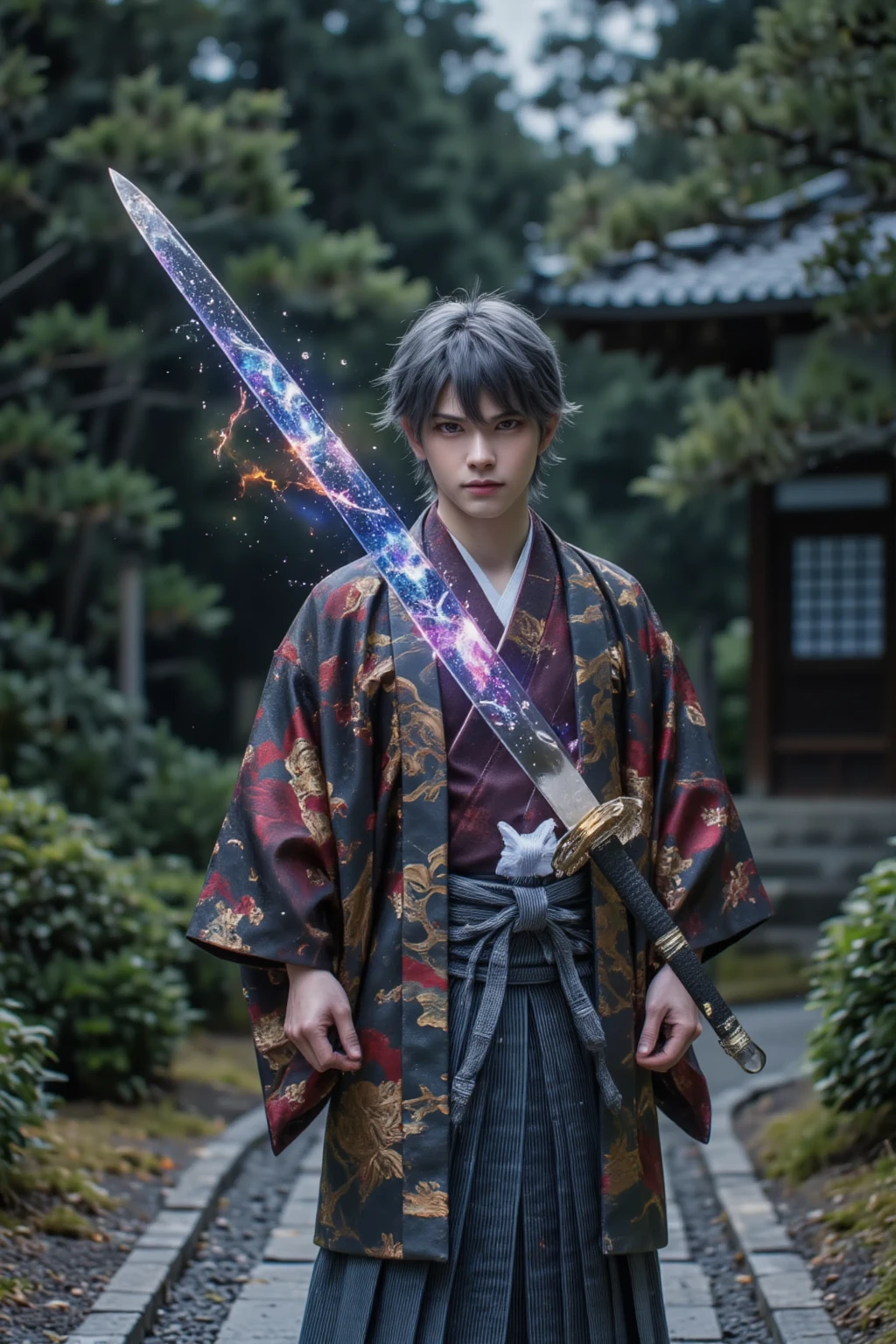 A young man in traditional Japanese clothing unsheathes his sword from ...