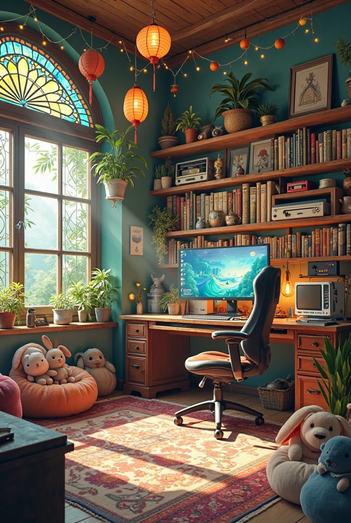 Studio Ghibli style super gaming setup room - SeaArt AI