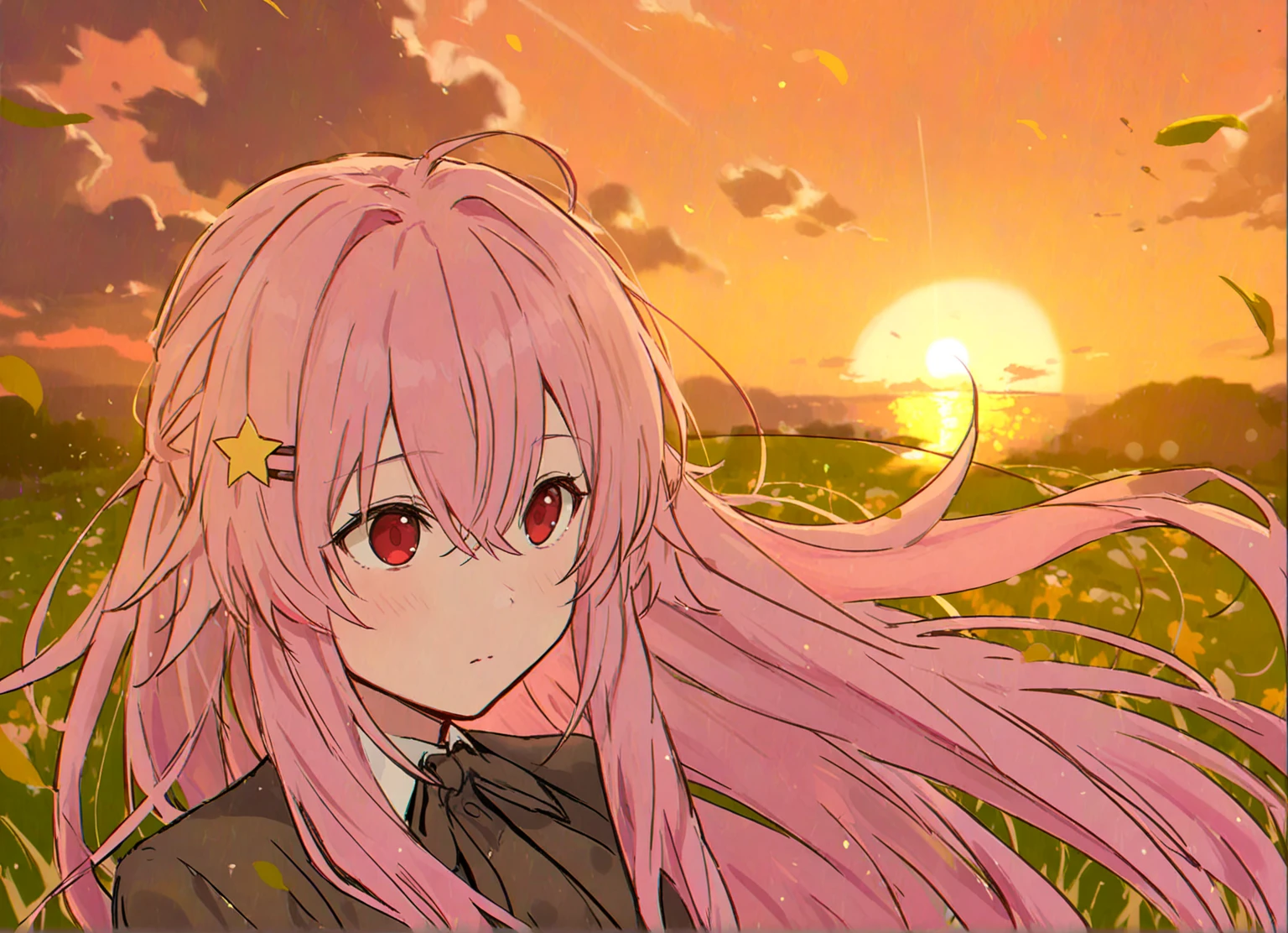 Beatiful sunset, Neutral expression, Red eyes, Wavy Pink Hair - SeaArt AI