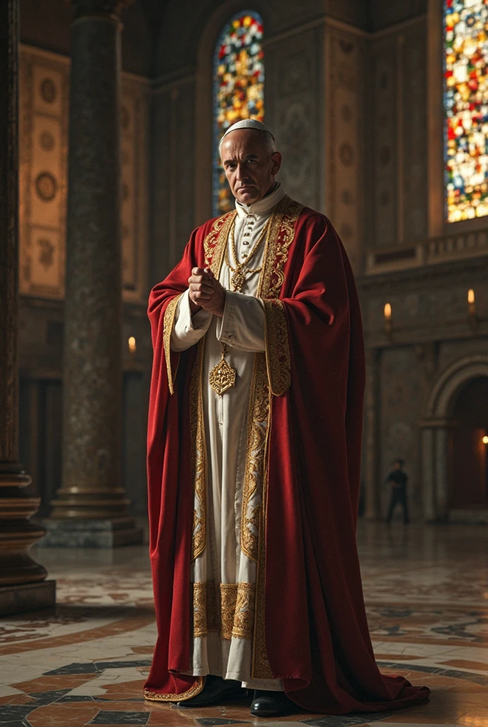 A hyper-realistic 8K cinematic image of the newly elected Pope Leo XIV ...