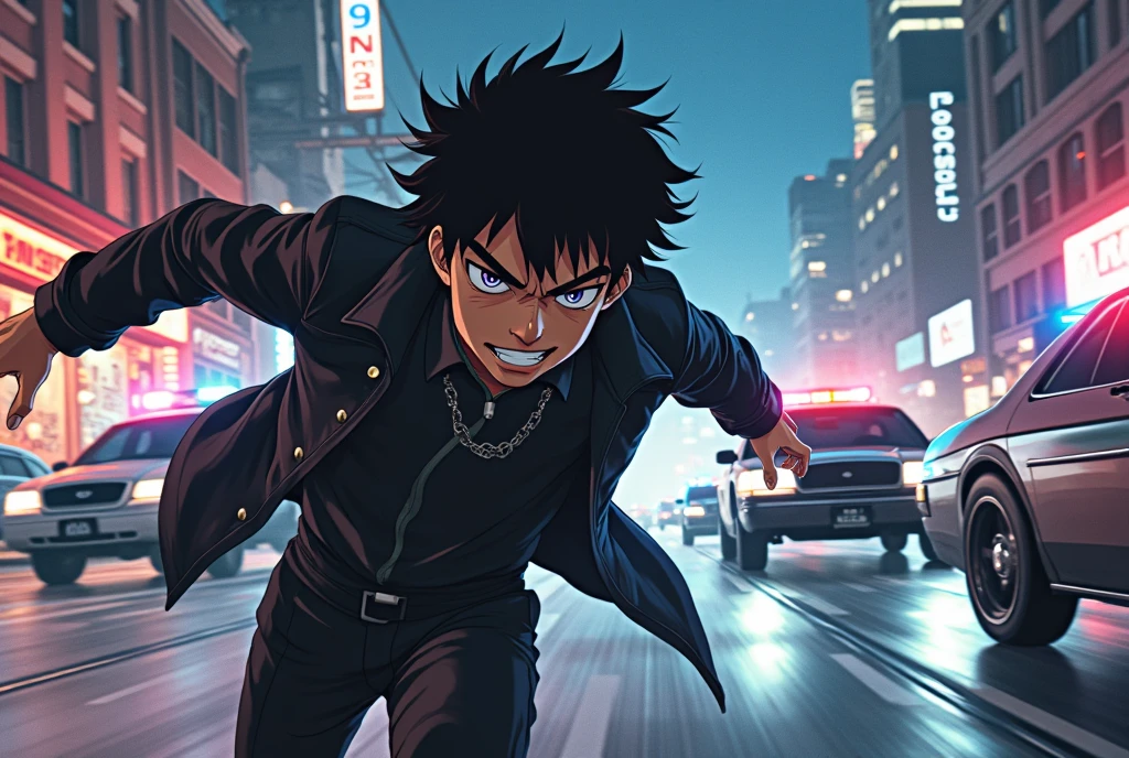 Chaotic and animated anime scene of a dark bad boy running from the ...