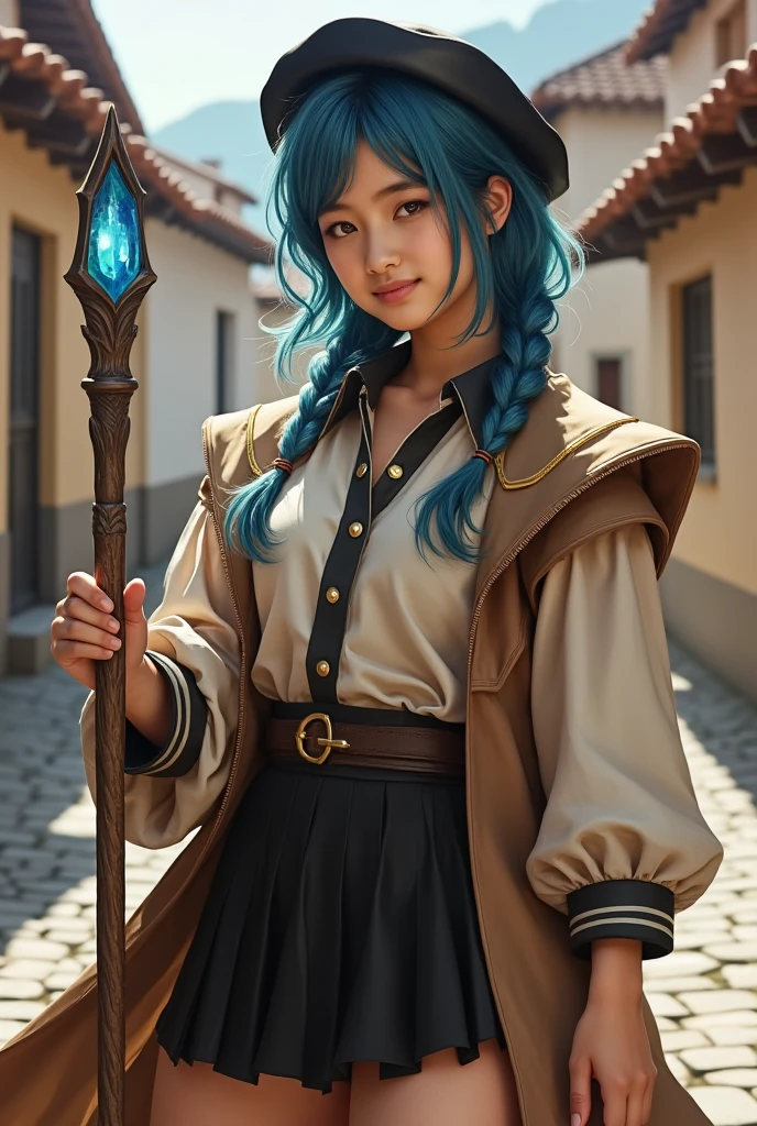 Short statured adult asian woman with squinted eyes in european town ...