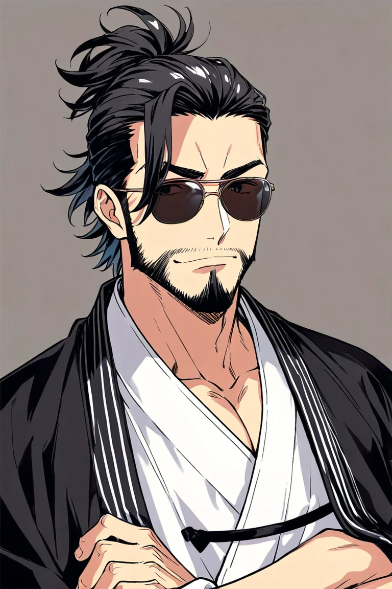 male、asymmetrical hairstyle、black hair、Beard。sunglasses、Jinbei - SeaArt AI
