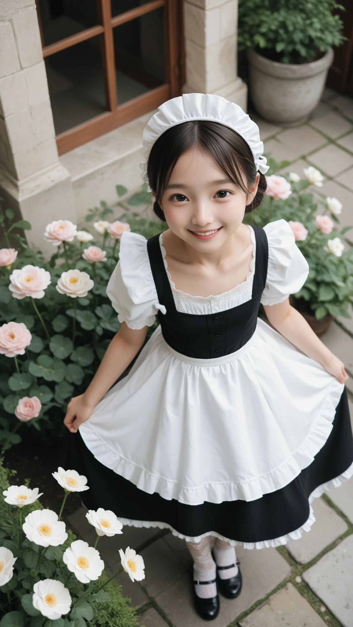 1 girl、maid,They are watering flowers outside the mansion,前かがみ - SeaArt AI