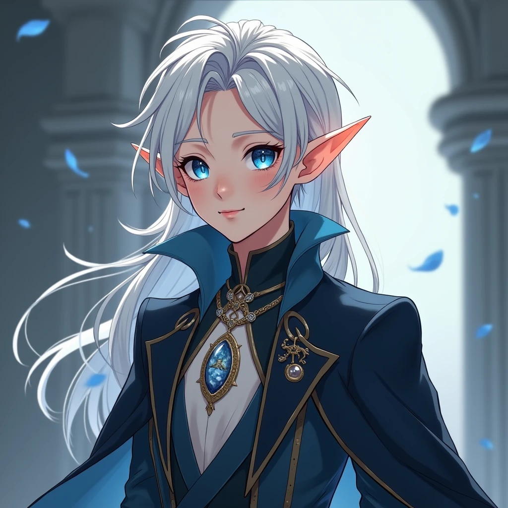 Elf, male, looking 20 years old , white hair, Blue eyes, light smile ...