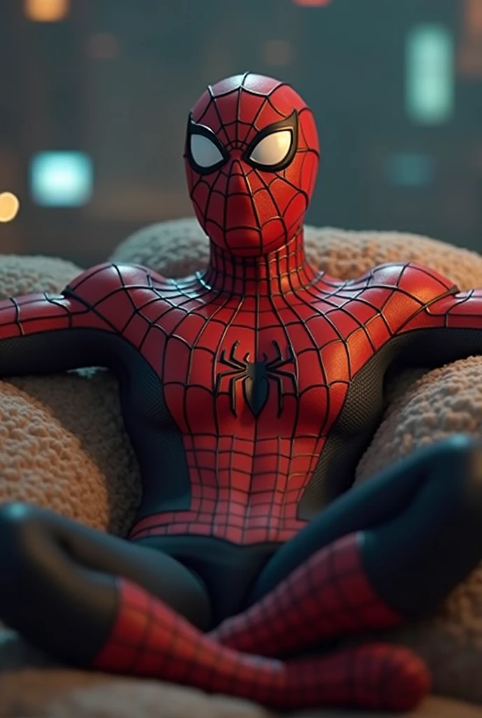 Highly detaided 3D-style scene,Spider-Man in a relaxed, fun pose ...