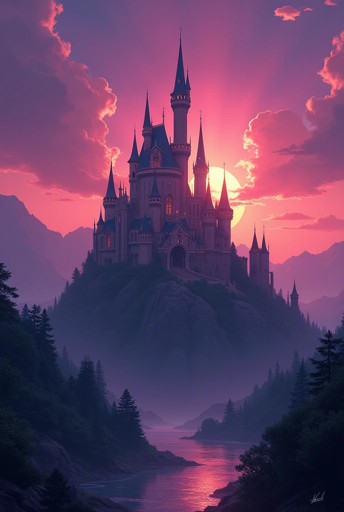 Luxurious medieval castle, purple sunset, semi-realistic painting ...