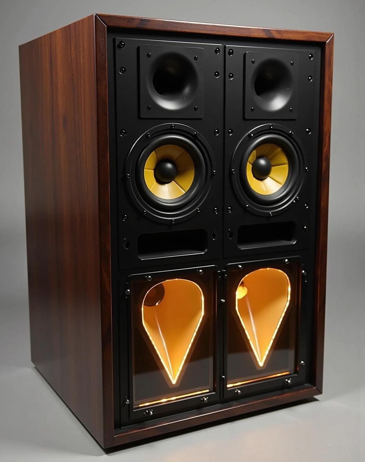 A realistic studio-style loudspeaker cabinet, designed in a rectangular ...