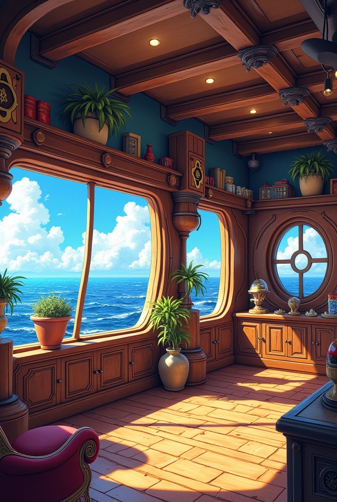 Make a big beautiful funny captain's cabin in the style of the ONE ...