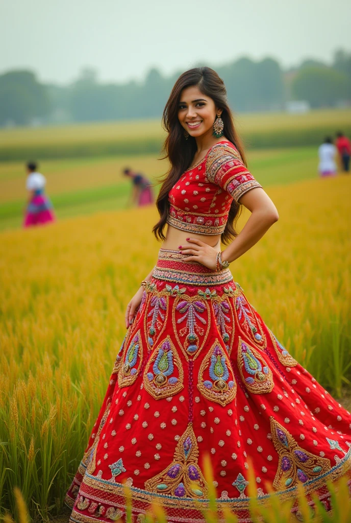 Indian girl tops lehenga navol show background Harvest field - SeaArt AI