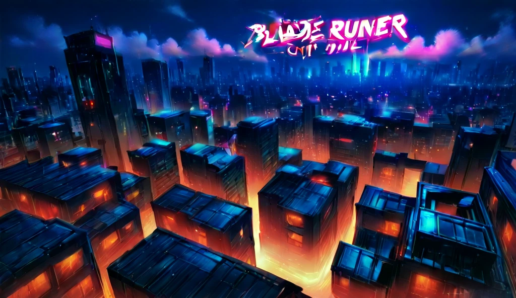 Cyberpunk city at night, dense urban rooftops with glowing neon signs ...