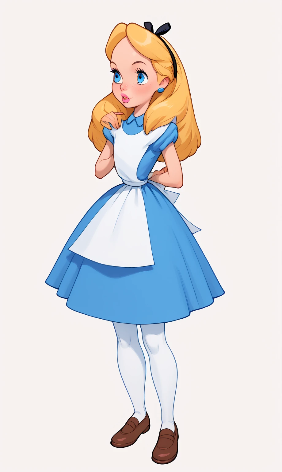 A full body girl, alice, blonde, small blue earrings, stupid - SeaArt AI
