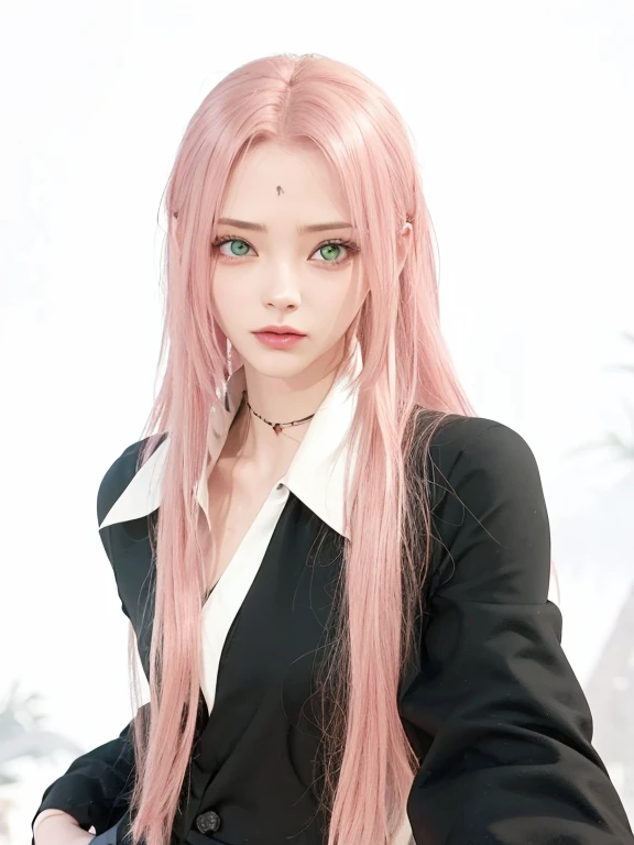 Young woman, short shoulder-length pink hair, wide forehead, porcelain ...