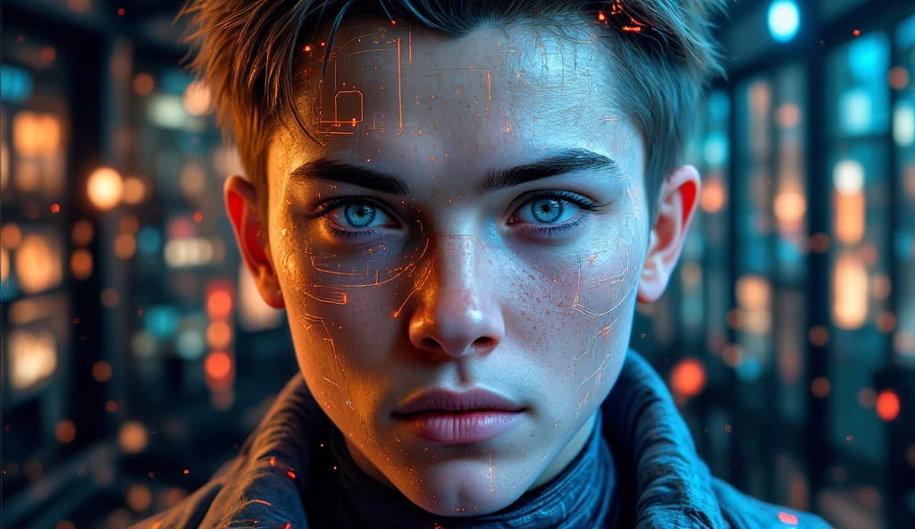 Digitized human face in light fractals. - SeaArt AI