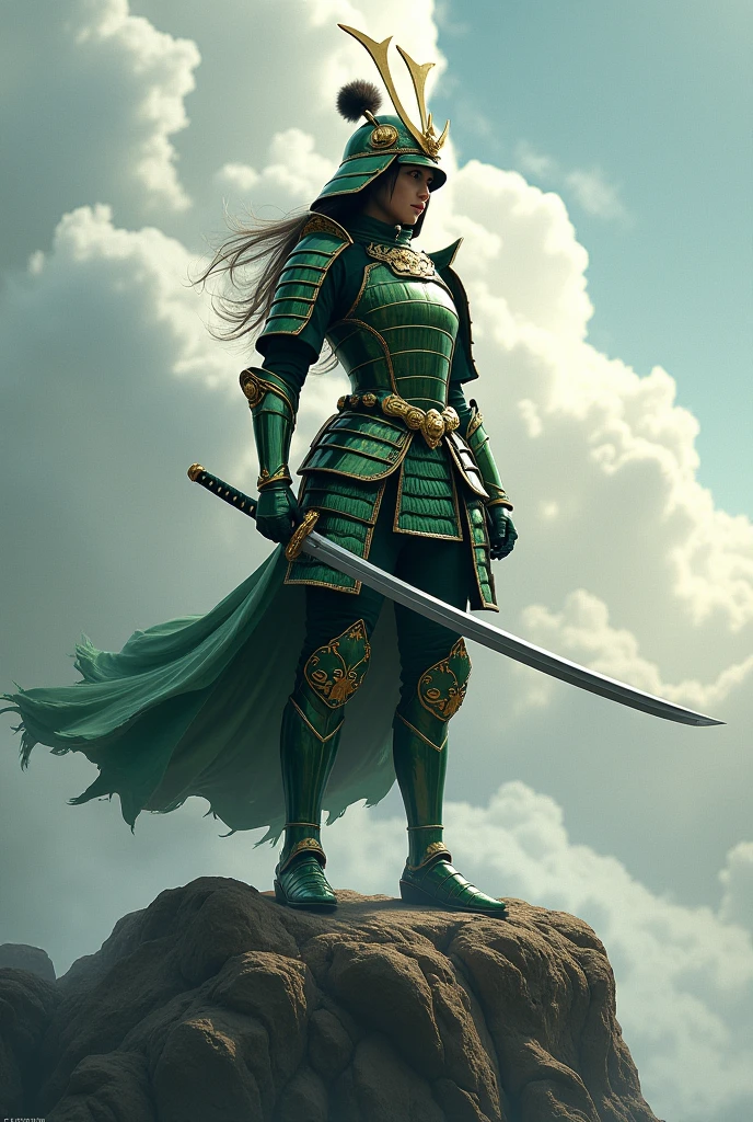 An imposing samurai standing on a raised rock, dressed in traditional ...