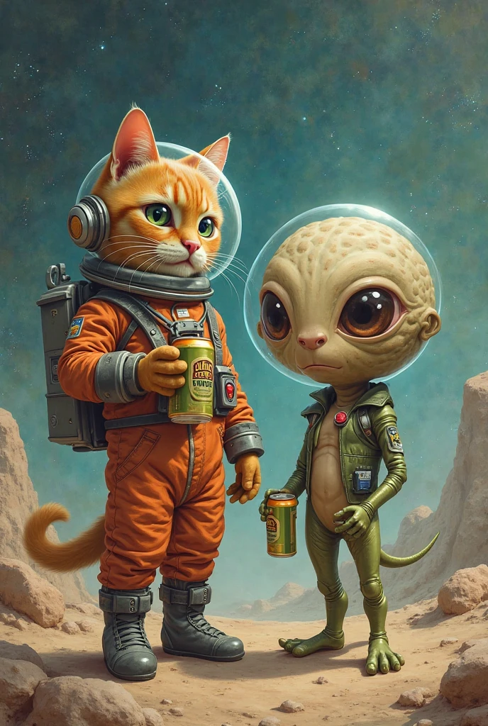 Cosmonaut cat, who holds beer in his hand and next to an alien with ...