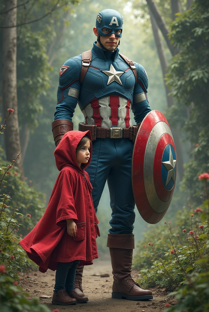 Little Red and Black Riding Hood next to Captain America - SeaArt AI