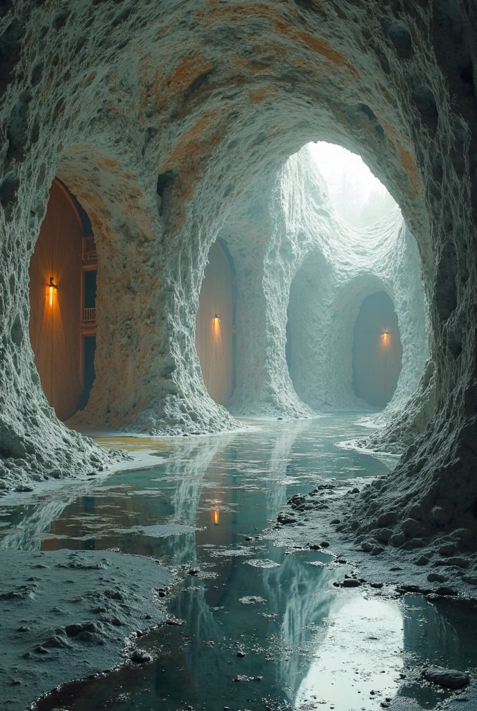 I want a space where the floor is undulating, mirrored elements in the ...