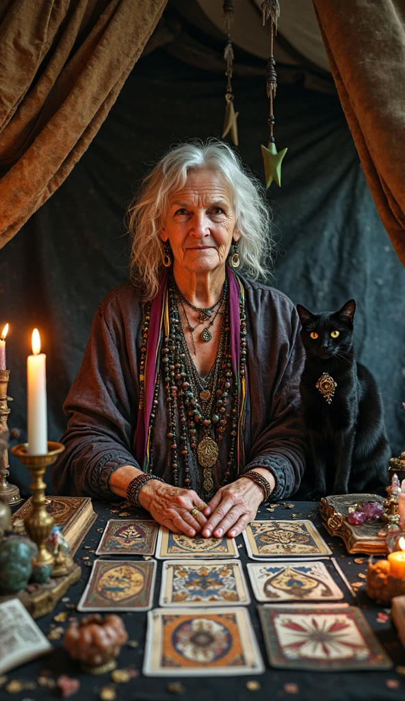 A mystical fortune teller over 60 years old, sitting in a tent with an ...