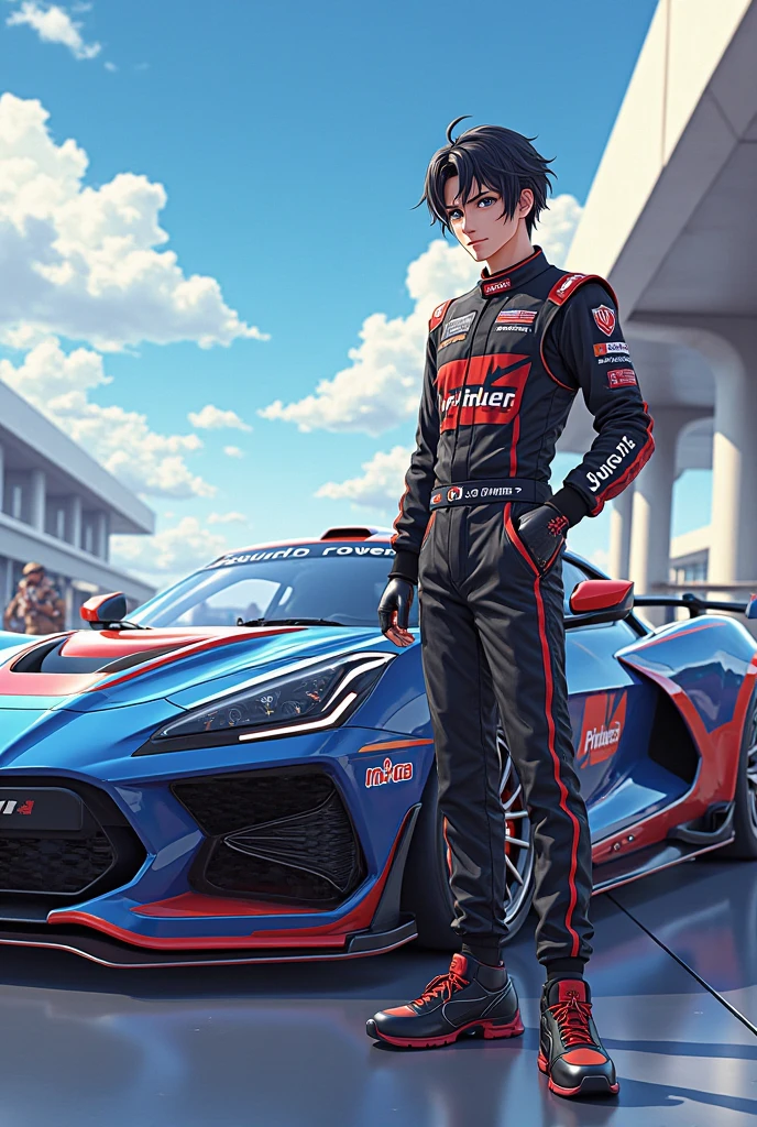 Motor racing driver standing, take on his sports car ,estilo anime ...