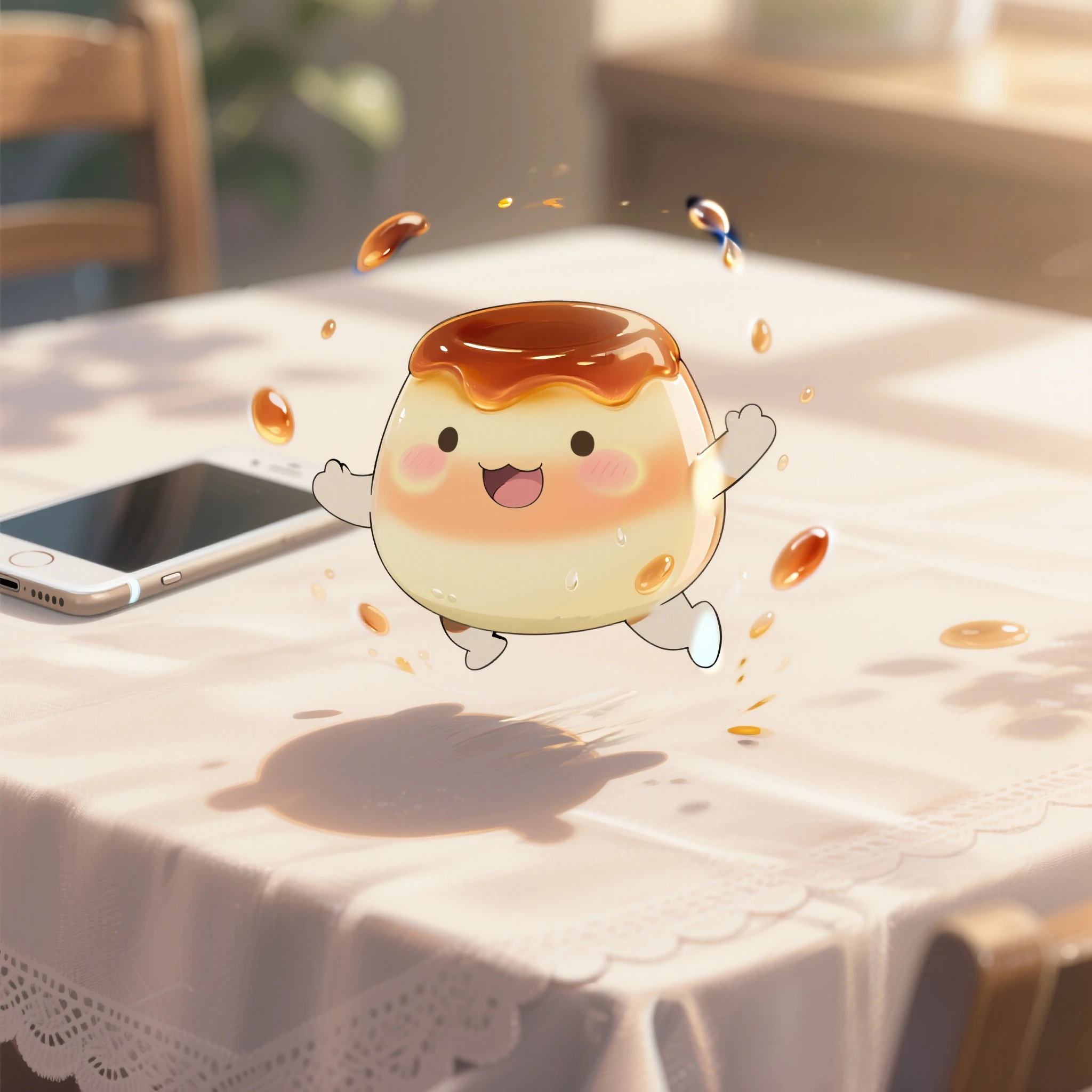 A heartwarming anime-style scene of a cute pudding character landing ...