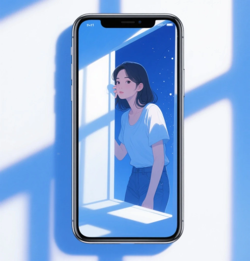 Woman peeks out of iPhone screen。