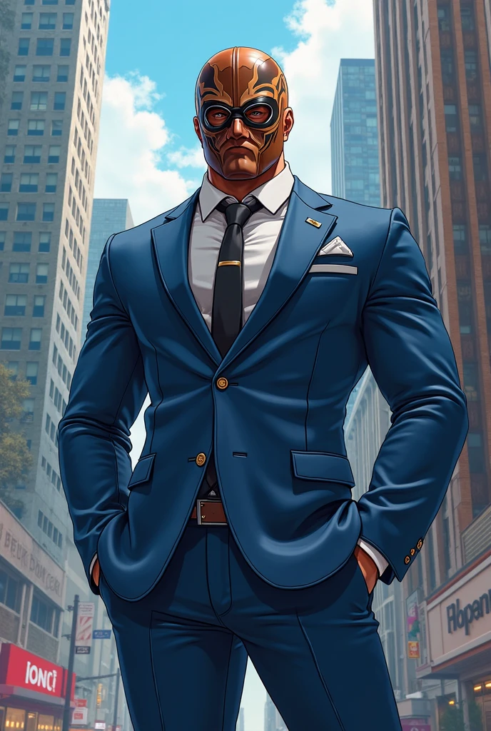 Hispanic, male, muscular, blue business suit, wears a brown Puma ...