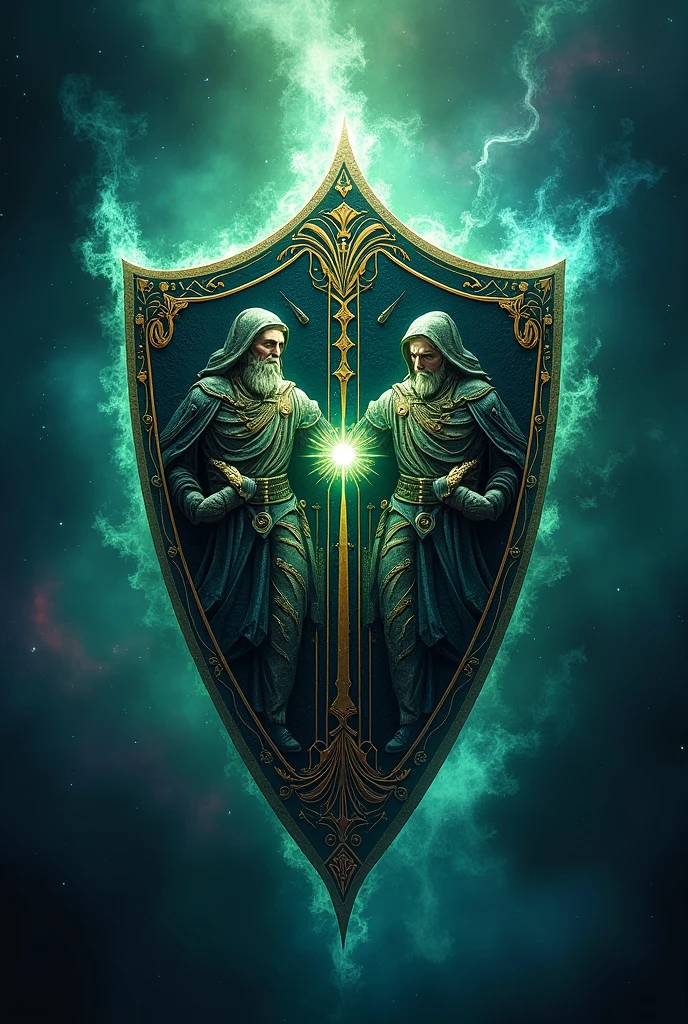 shield , with wizard and a sniper, with blue green colors, dourado ...