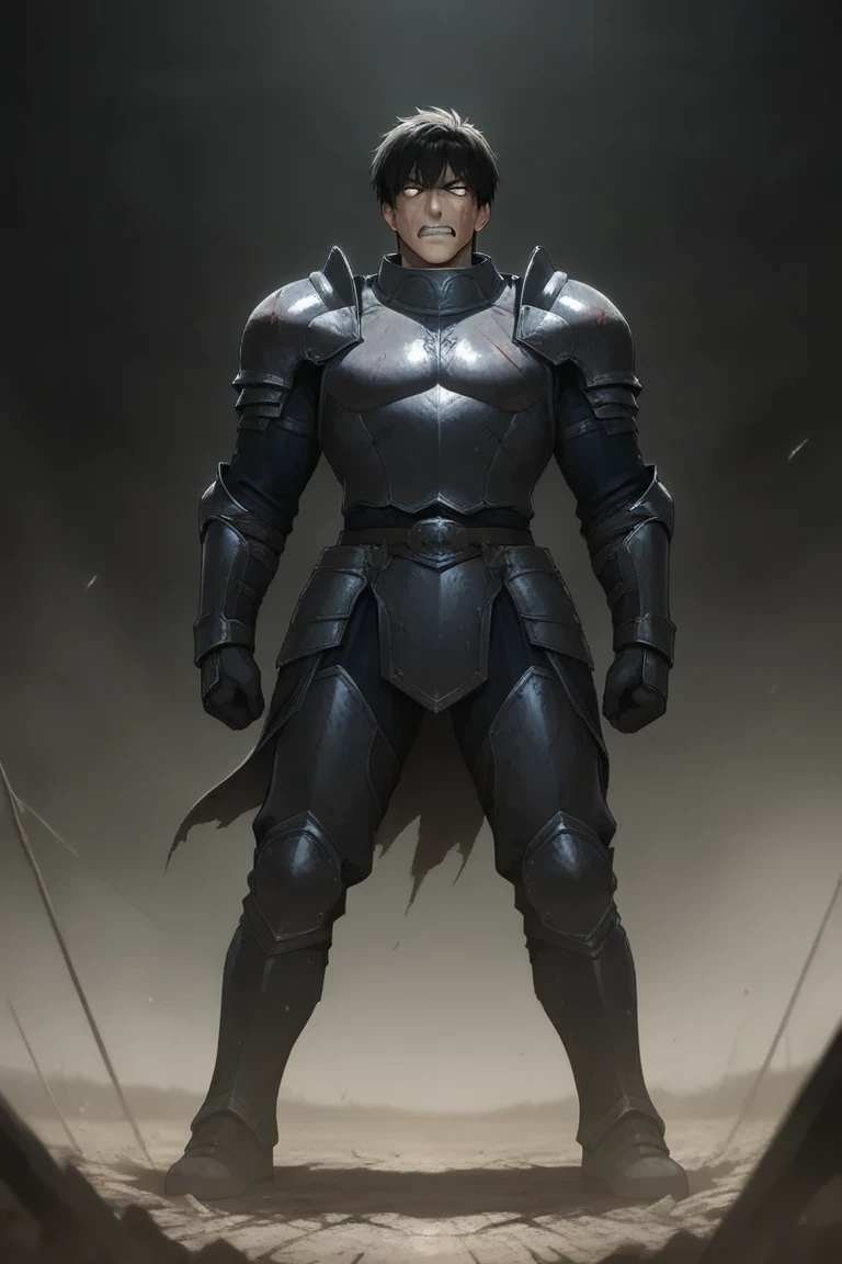 Muscular male warrior with short dark hair, sharp eyes, strong jawline ...