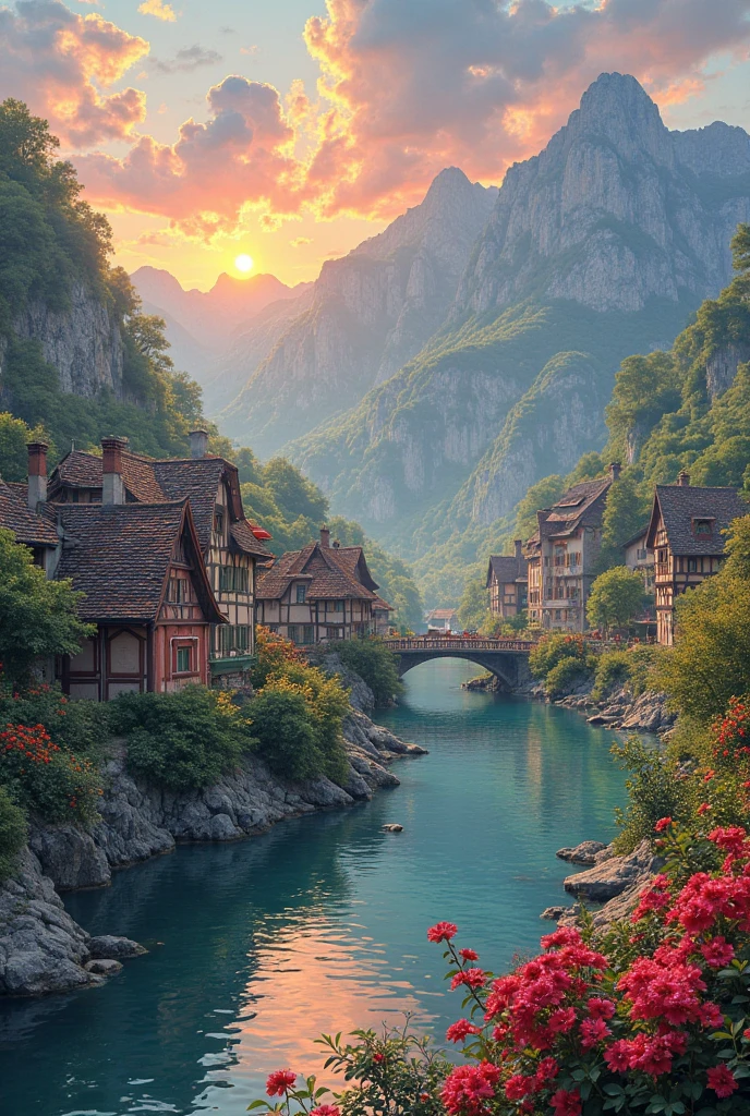 A small village by the river, mountains in the background, floral ...