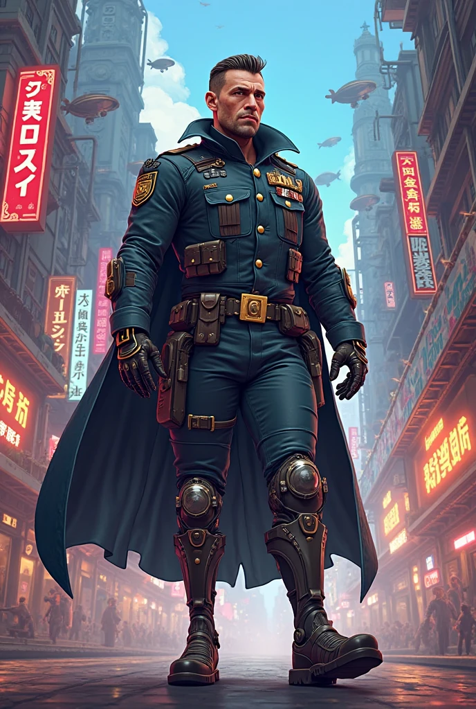 Create a futuristic steampunk police commander with prosthetic legs ...