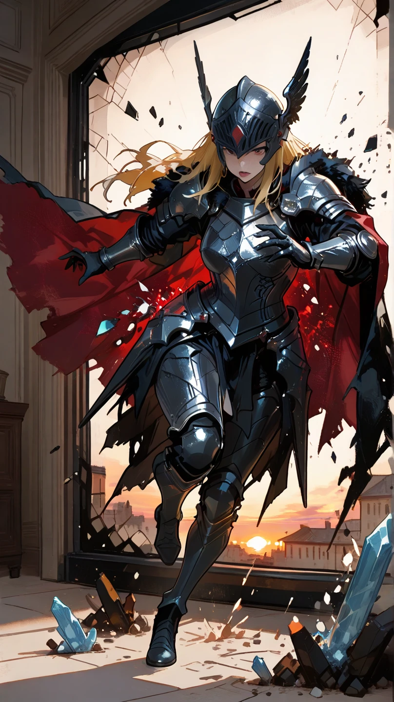 A young woman, solo, pompadour hair,(blond hair),(dark red eyes - SeaArt AI