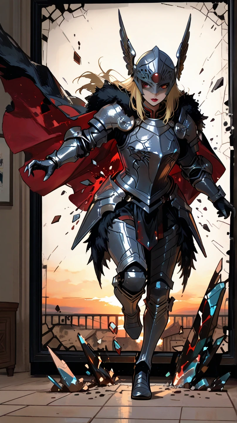 A young woman, solo, pompadour hair,(blond hair),(dark red eyes - SeaArt AI