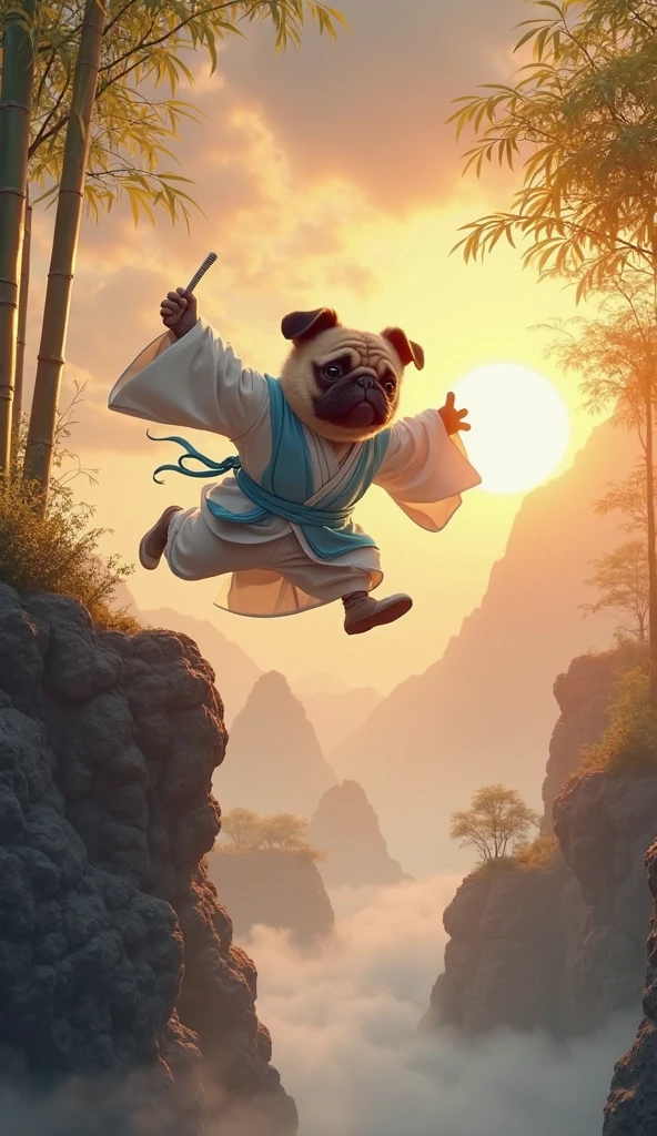 A fluffy brown pug martial artist in flowing white-and-sky-blue robes ...