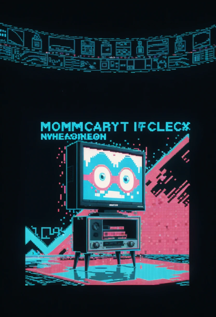 A pixelated monster escaping from an old television screen, digital ...