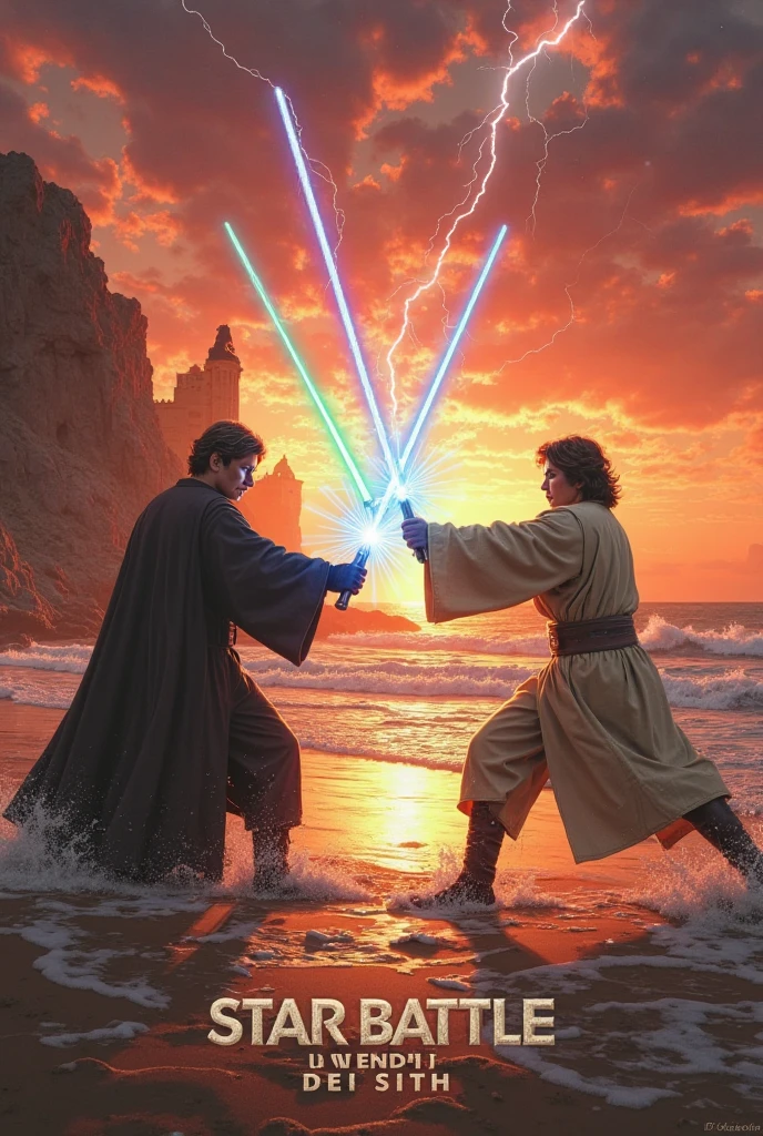 Epic sci-fi poster of a lightsaber duel at sunset on a beach planet ...