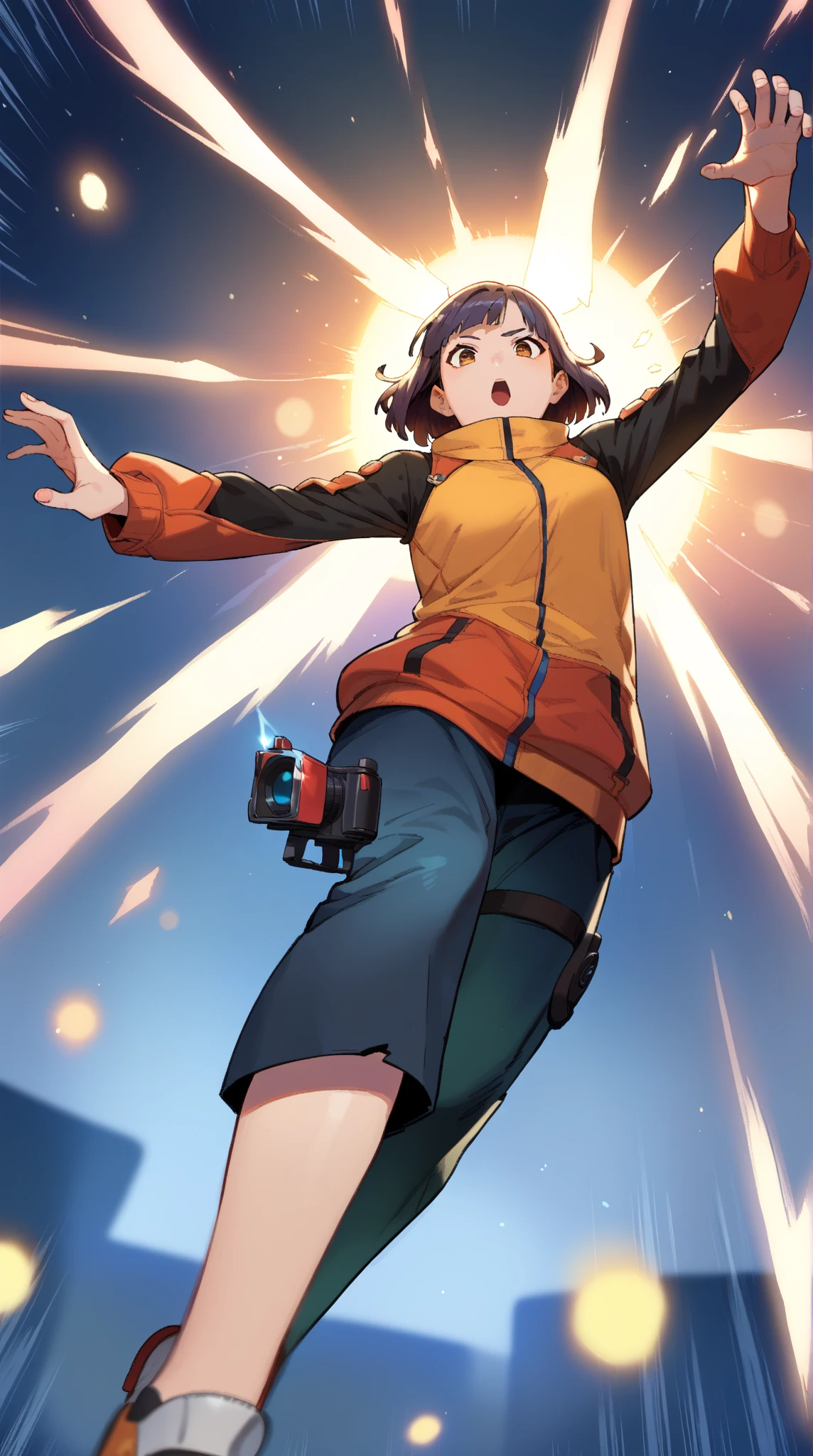 Anime-style Indonesian girl bursting out of a glowing smartphone screen ...