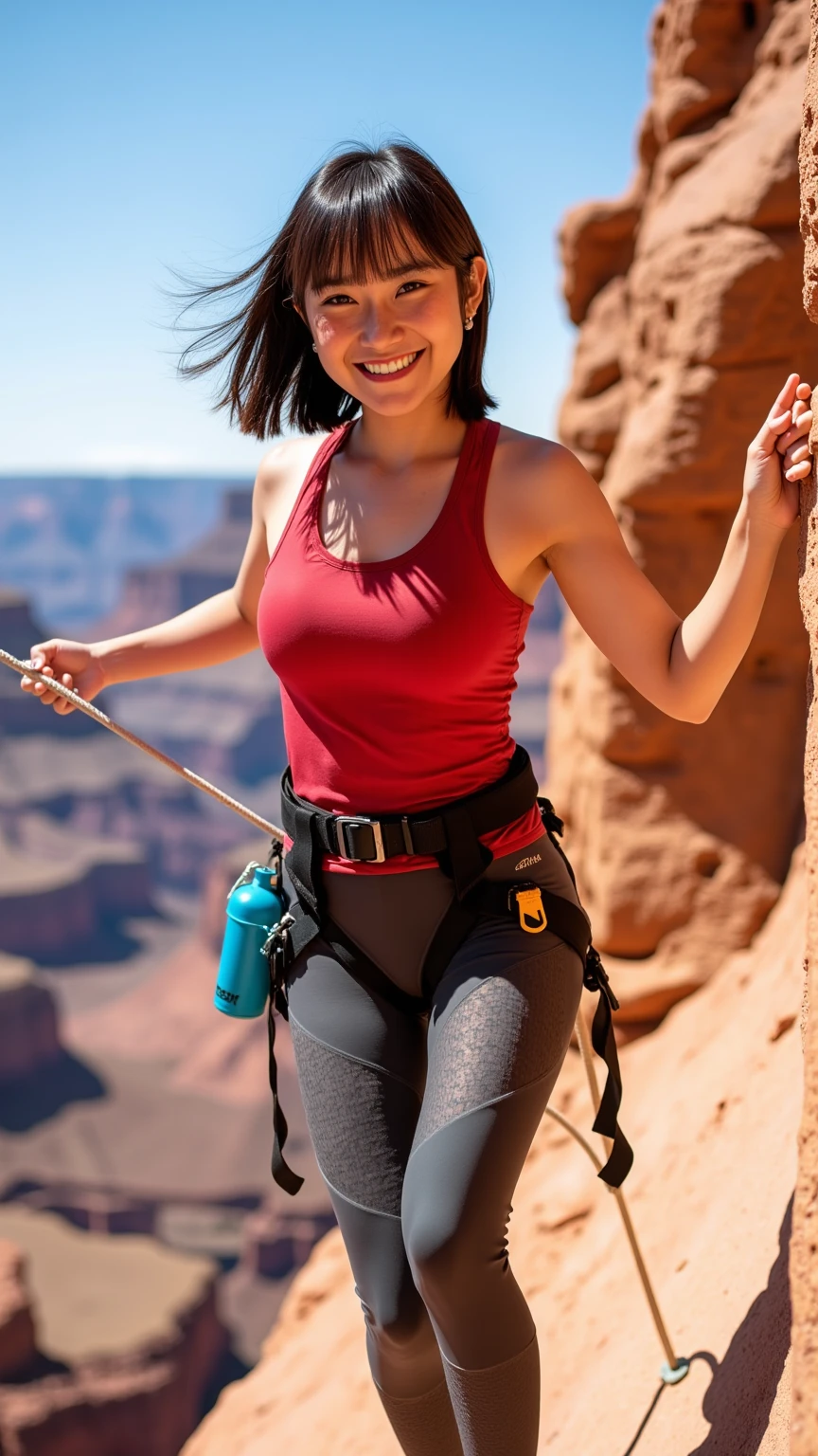 Thrilled Mid-Rappel Down a Sun-Drenched Canyon Cliff Image Description ...