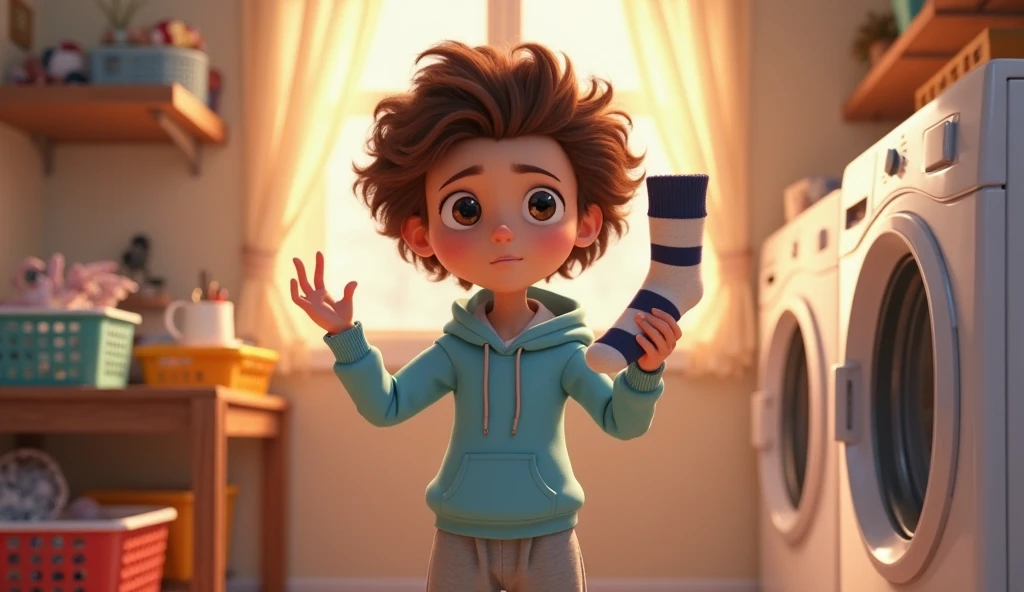 *In a warmly lit laundry room, a 2d animated young adult with curly ...