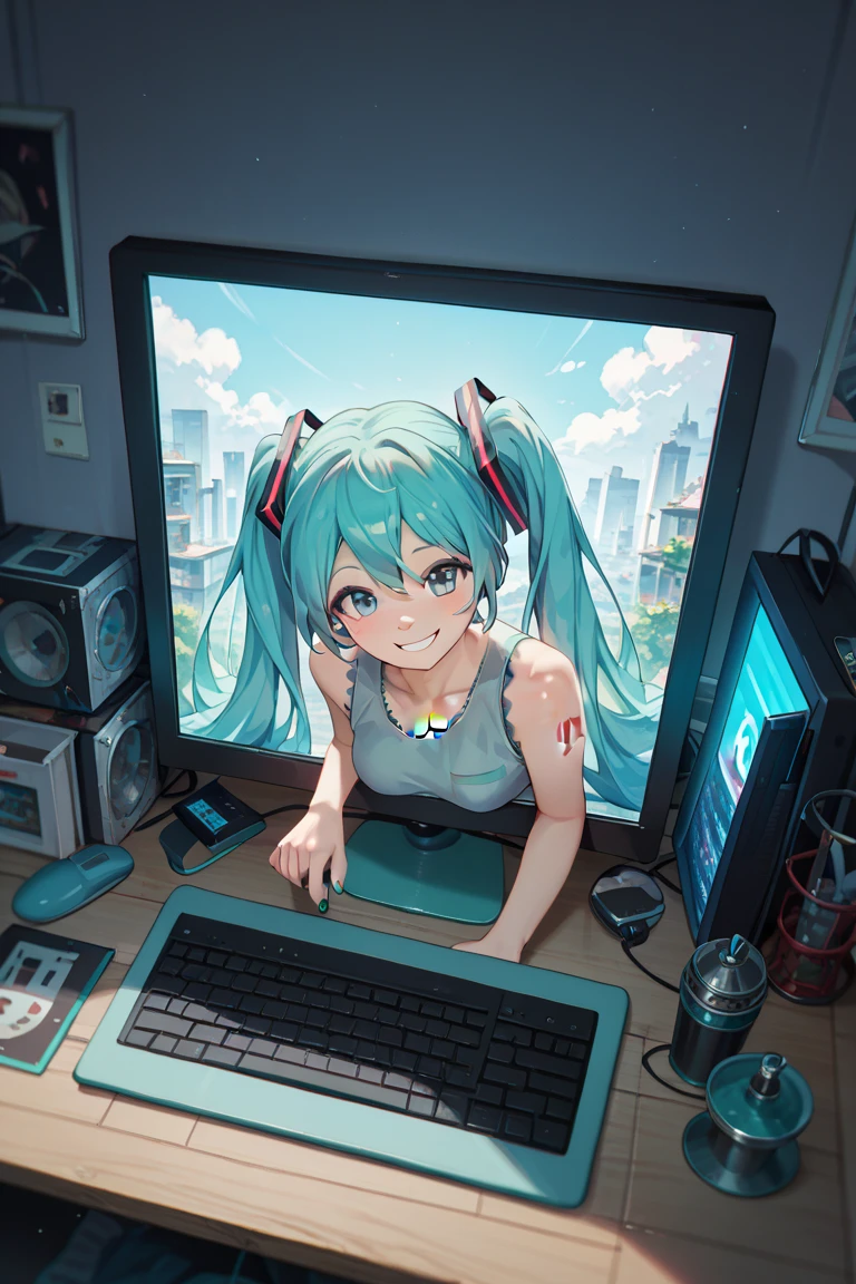 1 girl, Hatsune Miku, coming out of the computer screen ,smile - SeaArt AI