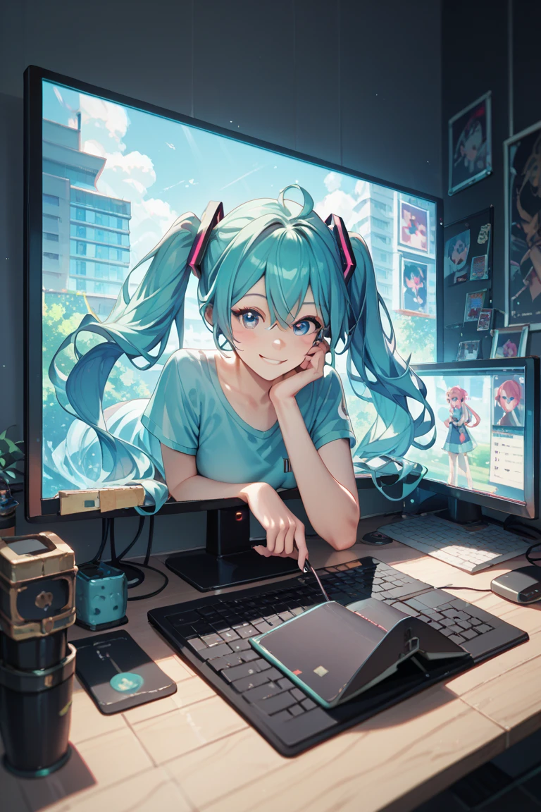 1 girl, hatune miku, Coming out of the computer screen ,smile - SeaArt AI
