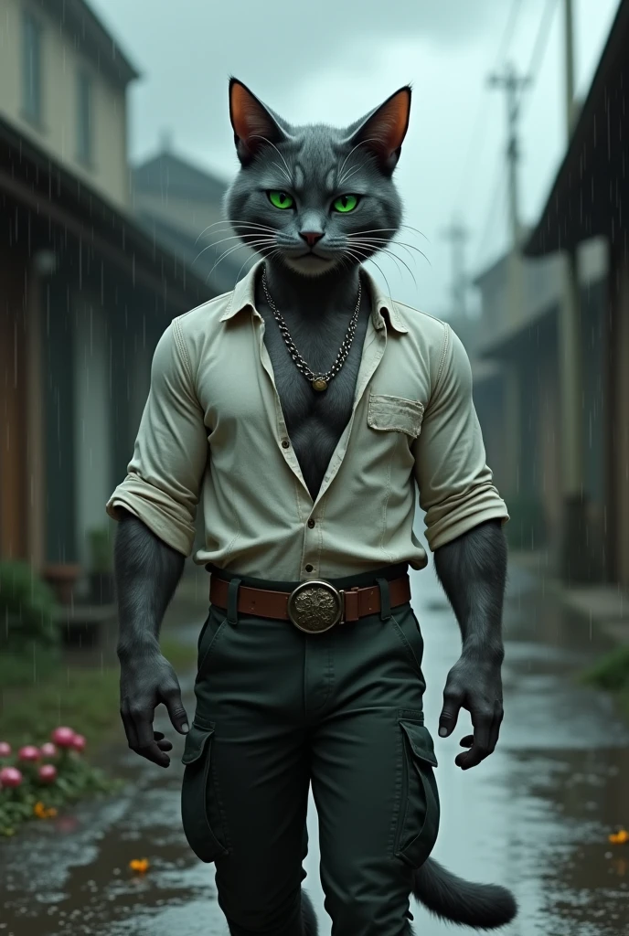 A muscular anthropomorphic male cat with charcoal gray fur, bright ...