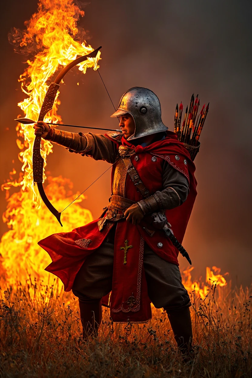 Create a fireman that is a medieval warrior who throws fire arrows ...
