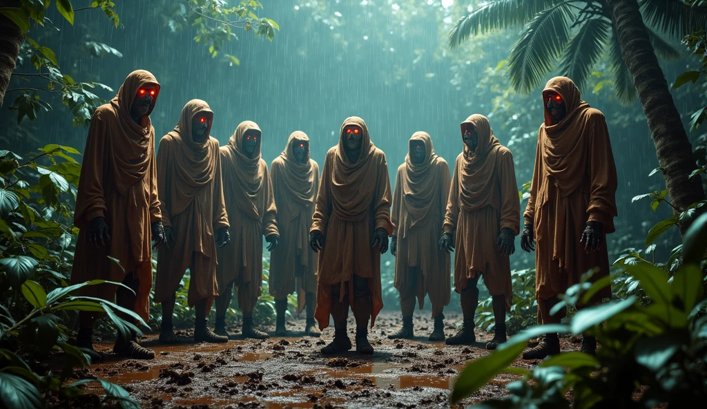 A highly detailed cinematic scene of a clearing deep within a dense ...