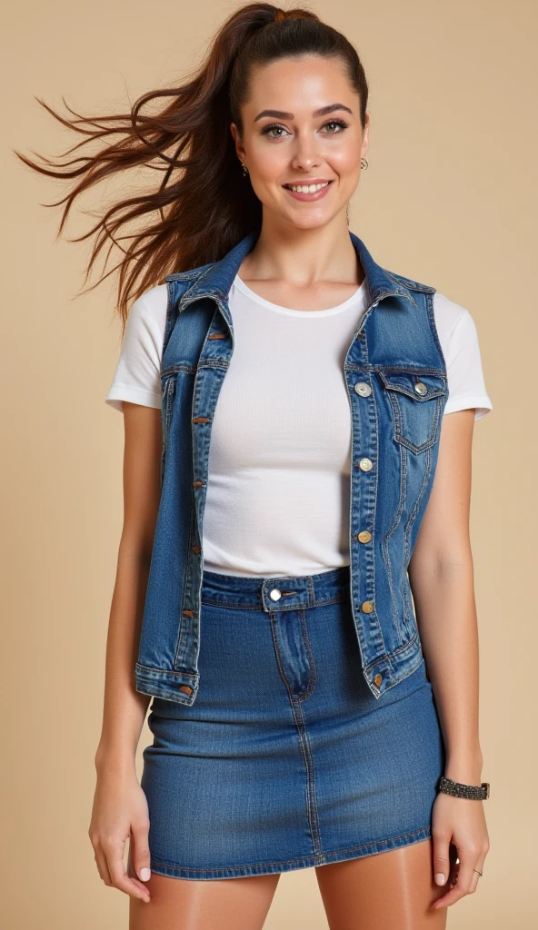 Beautiful european woman, Brown hair, PONYTAIL, smile, JEANS vest ...