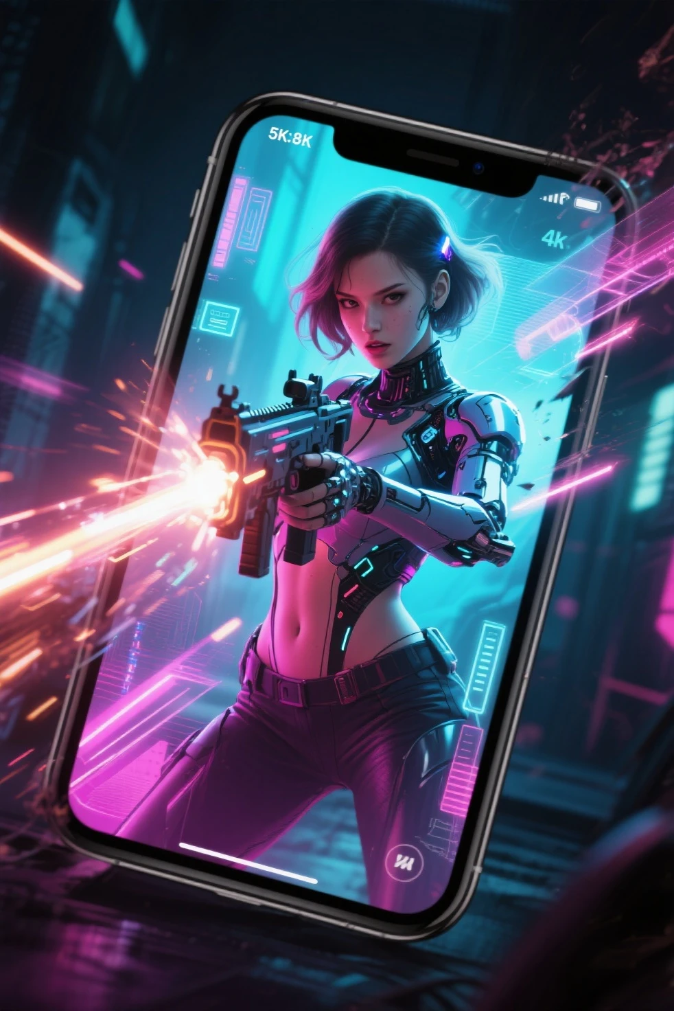 Sexy cyborg girl, shooting laser rifle, bursting out of smartphone ...