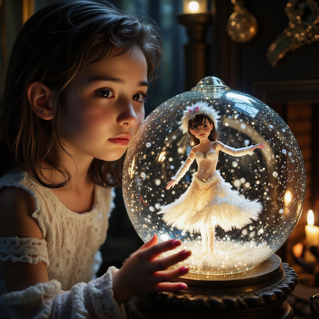 Glass doll in Snow Globe, Small Girl looking at Dancing Doll - SeaArt AI