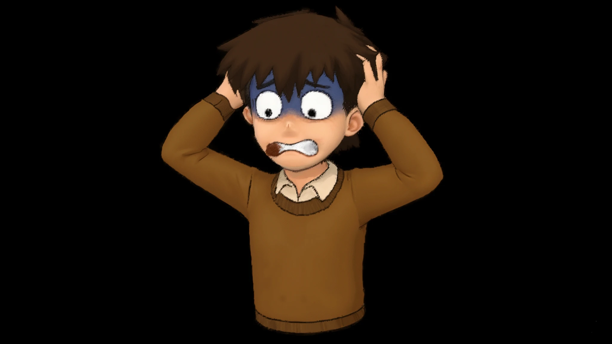 CGI rendering of a boy from the 80s, playstation 1 jogo, roupa suetam ...