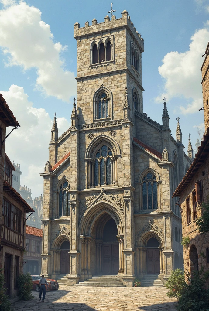 Medieval building with two semicircular side naves and a square tower ...